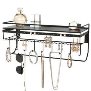 gothic wall mounted jewelry organizer - hanging necklace, earring, bracelet holder with hooks and shelf - goth room decor, iron jewelry display storage rack for bedroom & closet-mk238a