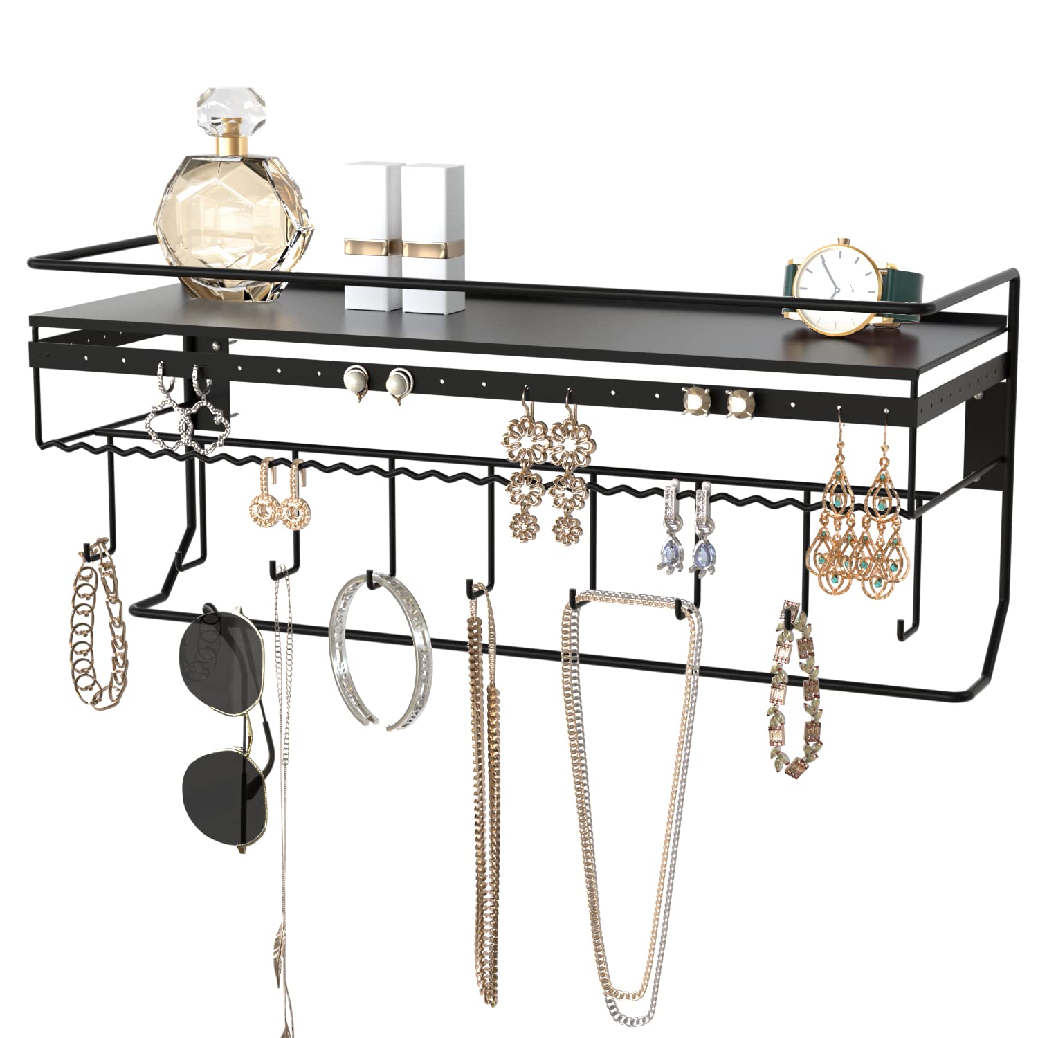 Gothic Wall Mounted Jewelry Organizer - Hanging Necklace, Earring, Bracelet Holder with Hooks and Shelf - Goth Room Decor, Iron Jewelry Display Storage Rack for Bedroom & Closet-MK238A