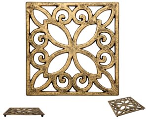 comfify decorative cast iron trivet for kitchen or dining table | square with vintage pattern - 6.5 x 6.5 | with rubber pegs/feet - recycled metal | vintage, rustic design | gold with black