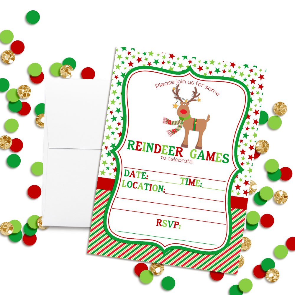 Reindeer Games Holiday Birthday Party Invitations, 20 5x7 Fill In Cards with Twenty White Envelopes by AmandaCreation