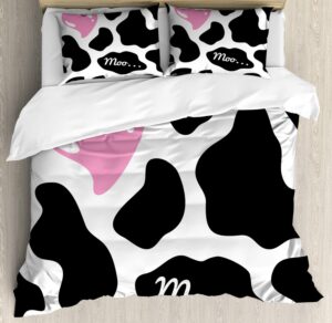 ambesonne cow print duvet cover set, camouflage hide skin pattern in pastel color shades heart shape moo, decorative 3 piece bedding set with 2 pillow shams, queen size, pink black