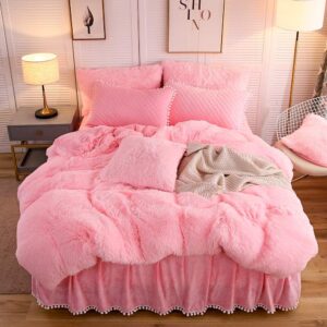 liferevo luxury plush shaggy duvet cover set, soft velvet fluffy furry duvet cover set(1 faux fur fuzzy comforter cover + 2 pom poms pillowcases) solid bedding set, zipper closure(full/queen, pink)