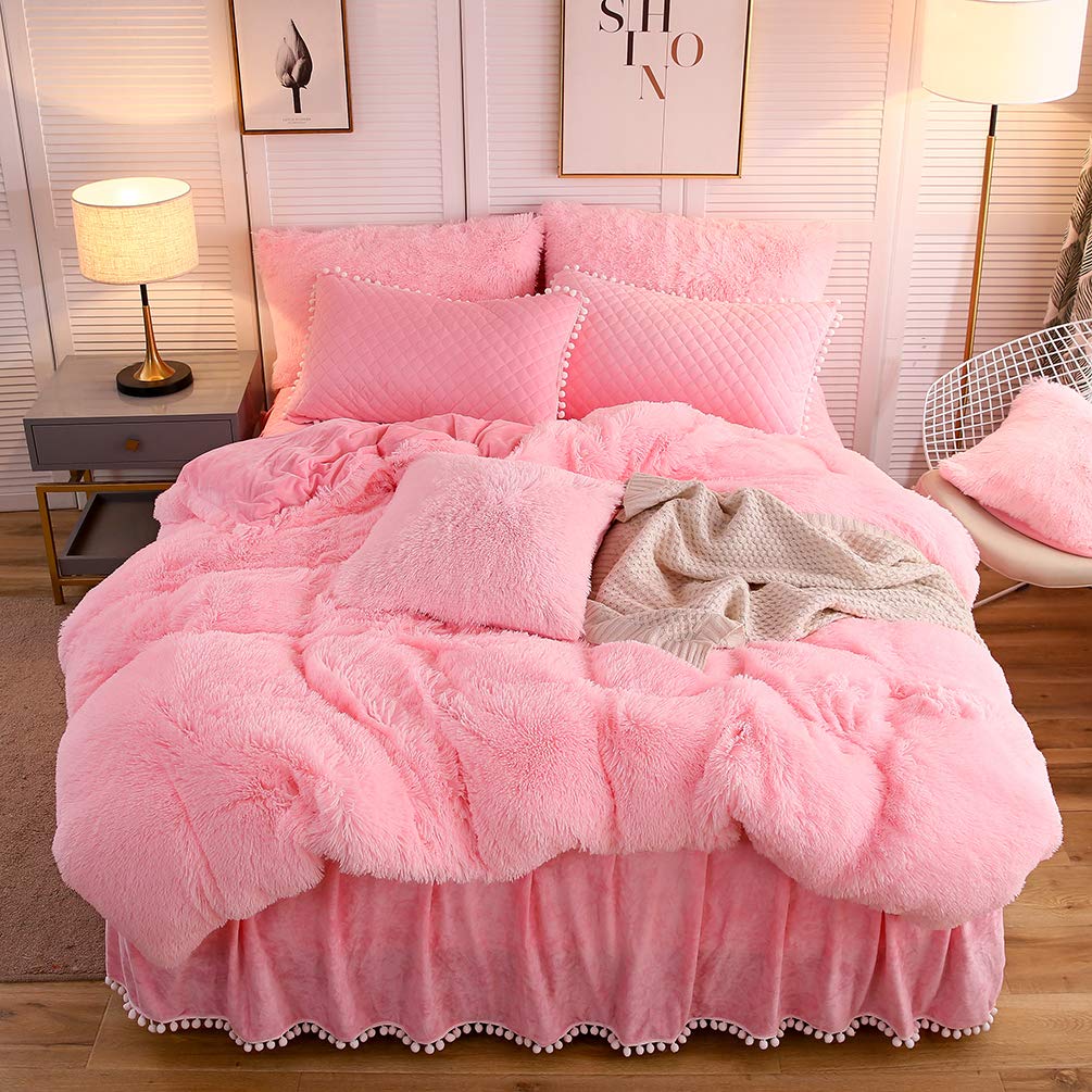 LIFEREVO Luxury Plush Shaggy Duvet Cover Set, Soft Velvet Fluffy Furry Duvet Cover Set(1 Faux Fur Fuzzy Comforter Cover + 2 Pom Poms Pillowcases) Solid Bedding Set, Zipper Closure(Full/Queen, Pink)