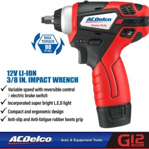 ACDelco 3/8 Power Impact Wrench 90ft-lbs LED Light Cordless Li-ion 12V Max Compact Tool, Kit with 2 Batteries, Charger, G12 Series ARI12104