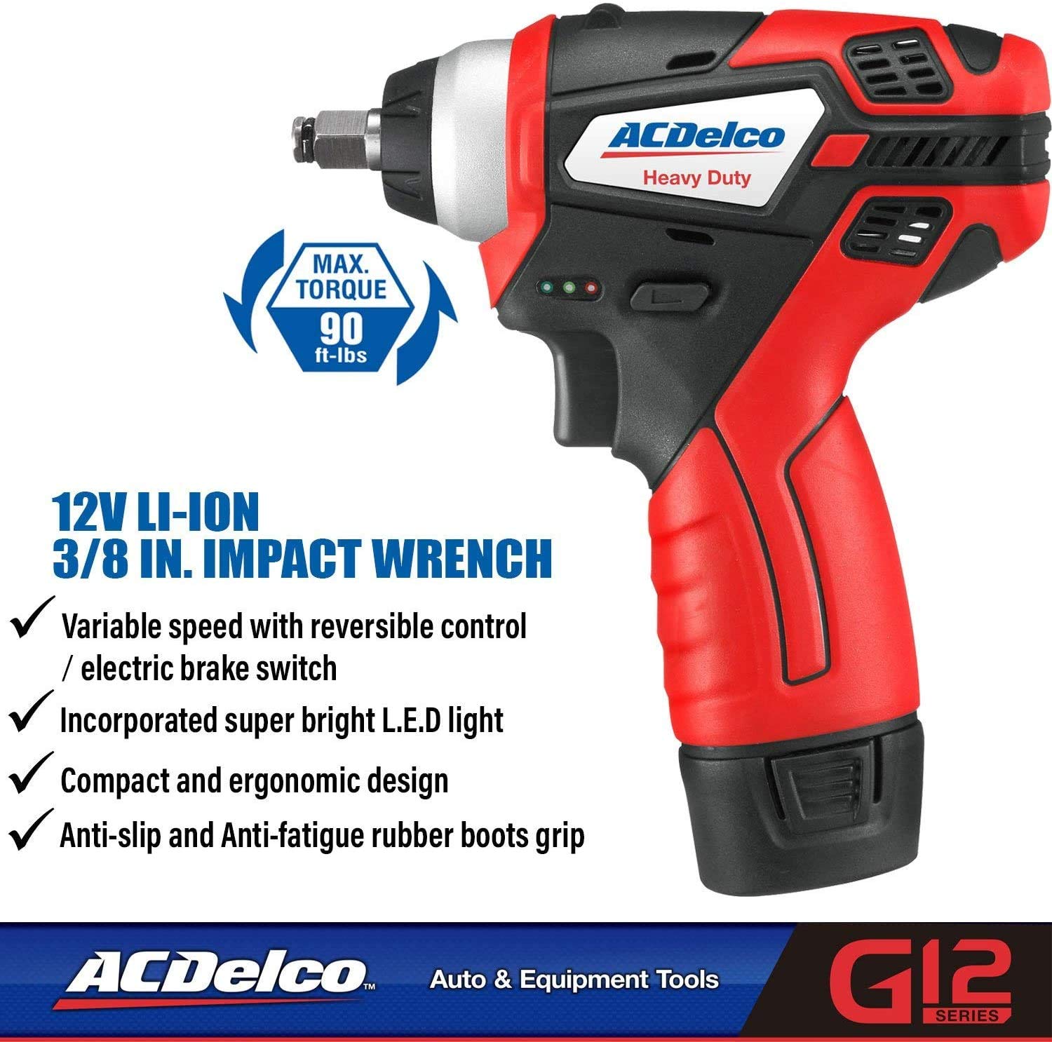 ACDelco 3/8 Power Impact Wrench 90ft-lbs LED Light Cordless Li-ion 12V Max Compact Tool, Kit with 2 Batteries, Charger, G12 Series ARI12104