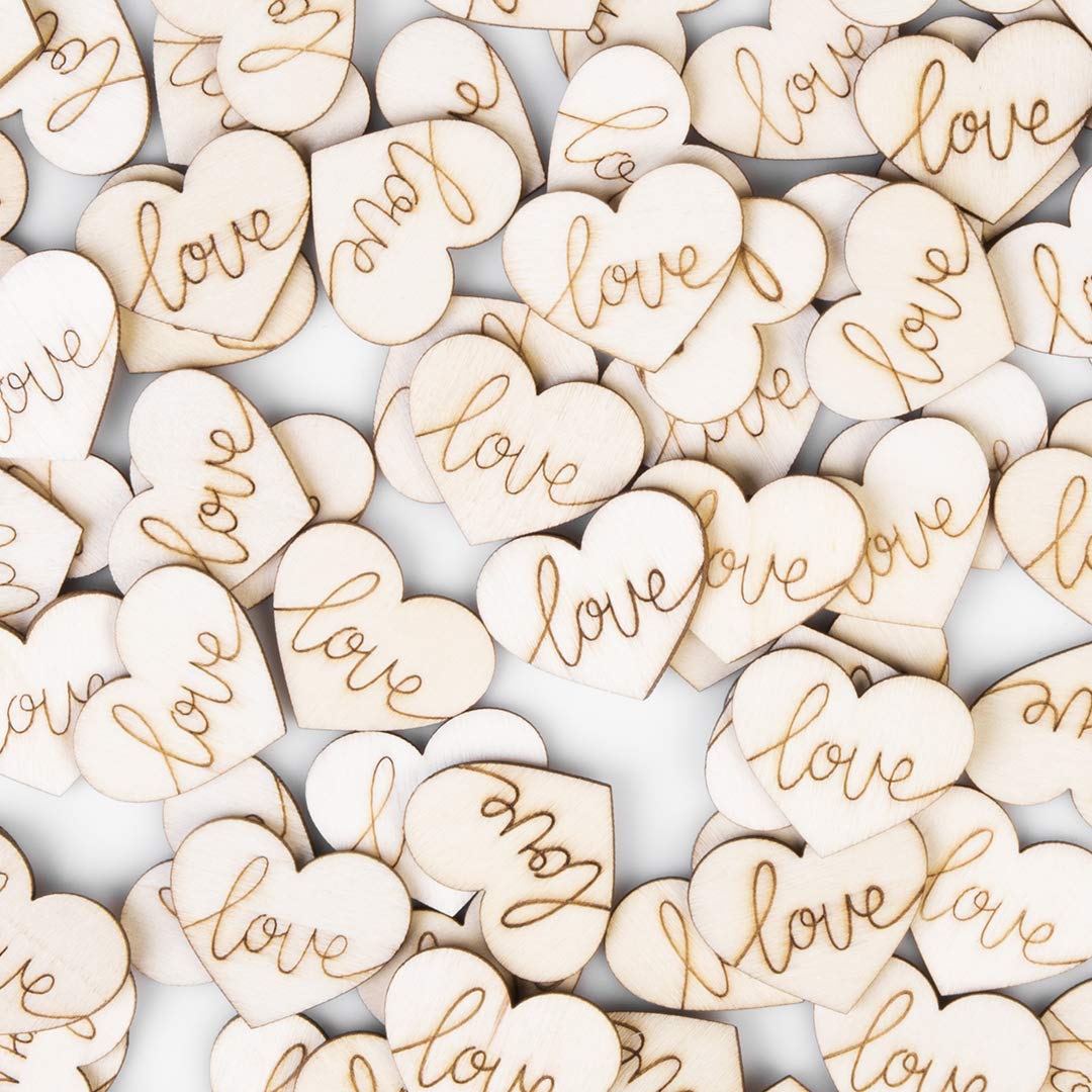 Andaz Press Engraved Wood Heart Confetti, Love, 100-pack, Wood Confetti Hearts For Wedding Engagement Party Confetti, Bridal Shower Confetti For Tables, Bridal Shower Table Decorations