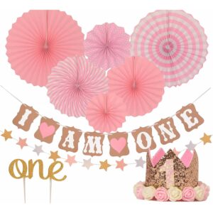 first birthday decoration set for girl- 1st baby girl birthday party, stars paper garland, gold cake topper "one", pink banner, pink fiesta hanging paper fan flower, pink baby hat (pink)