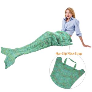 Catalonia Mermaid Tail Blanket with Anti-Slip Neck Strap, Soft Silky Hand Knitted Mermaid Sleeping Blanket for Girls Women Adults Teens All Seasons Sleeping Bag Green 66.5" x 22.5"