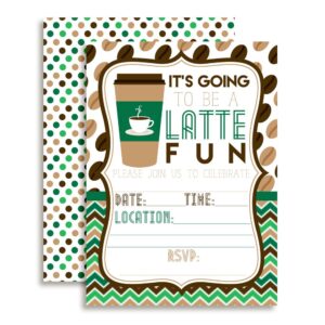 latte fun green and brown coffee birthday party invitations, 20 5x7 fill in cards with twenty white envelopes by amandacreation