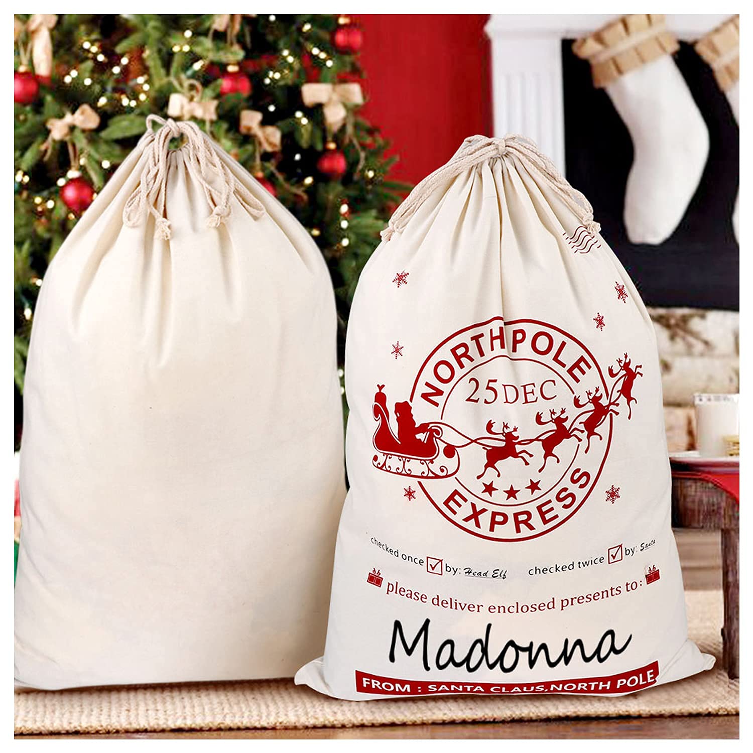 OurWarm 2pcs Santa Sacks Canvas Bags with Drawstring Large Christmas Bags Santa Bags for gifts Kids Presents Storage 19 x 27 Inch