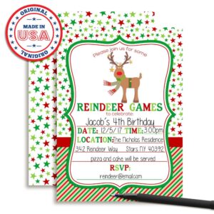 Reindeer Games Holiday Birthday Party Invitations, 20 5x7 Fill In Cards with Twenty White Envelopes by AmandaCreation