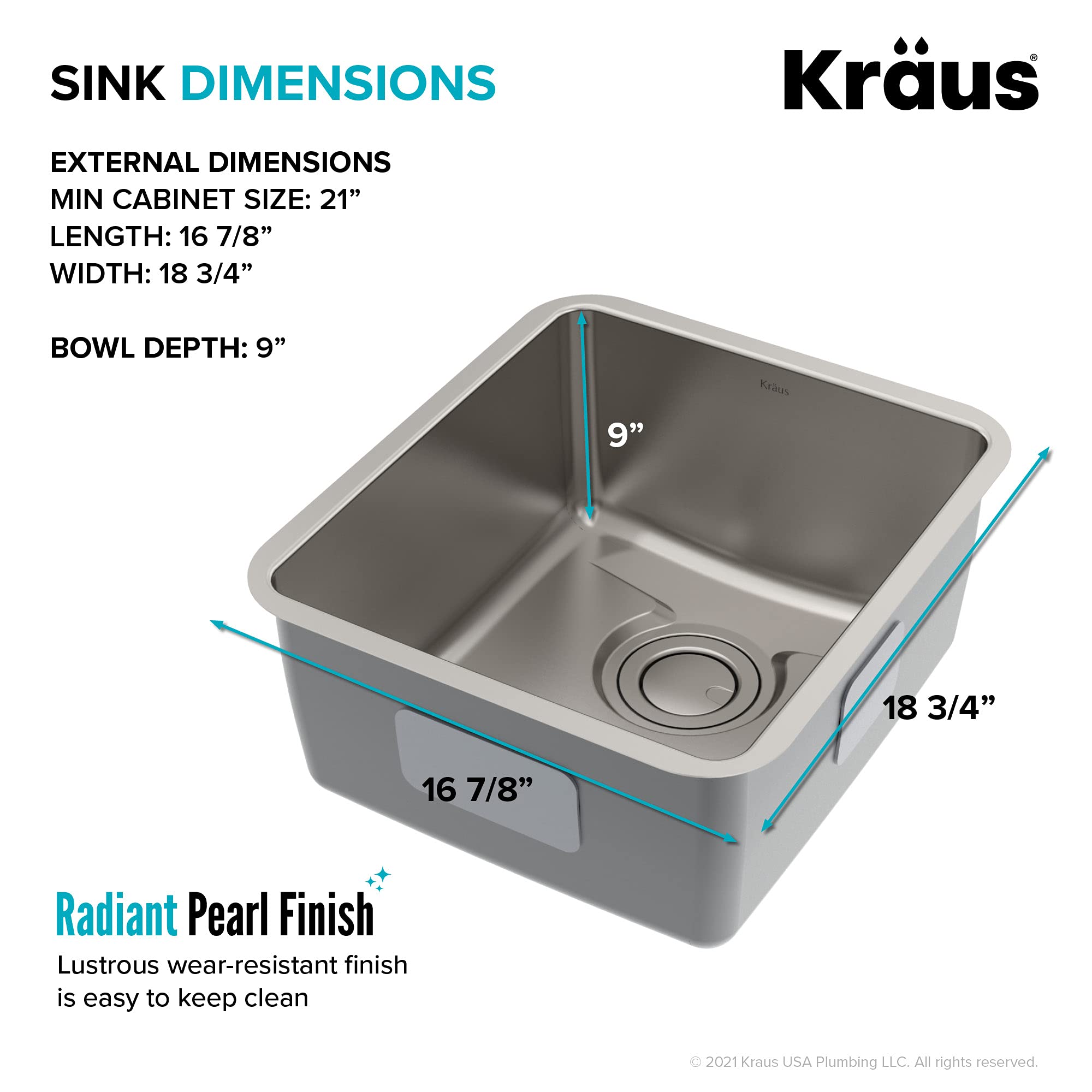 KRAUS Dex 17-Inch Undermount Single Bowl TRU16 Gauge Stainless Steel Kitchen Bar Sink with DrainAssure WaterWay and VersiDrain Assembly in Radiant Pearl Finish, KD1US17B