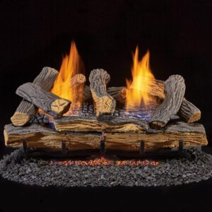 duluth forge dls-24t-1 dual fuel ventless fireplace logs set with thermostat, use with natural gas or liquid propane, 33000 btu, heats up to 1100 sq. ft, split red oak, 24 inches