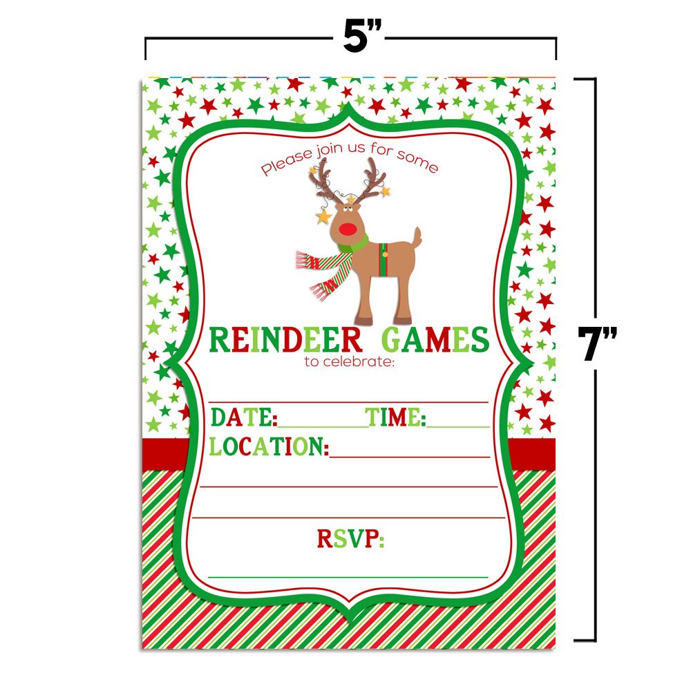 Reindeer Games Holiday Birthday Party Invitations, 20 5x7 Fill In Cards with Twenty White Envelopes by AmandaCreation