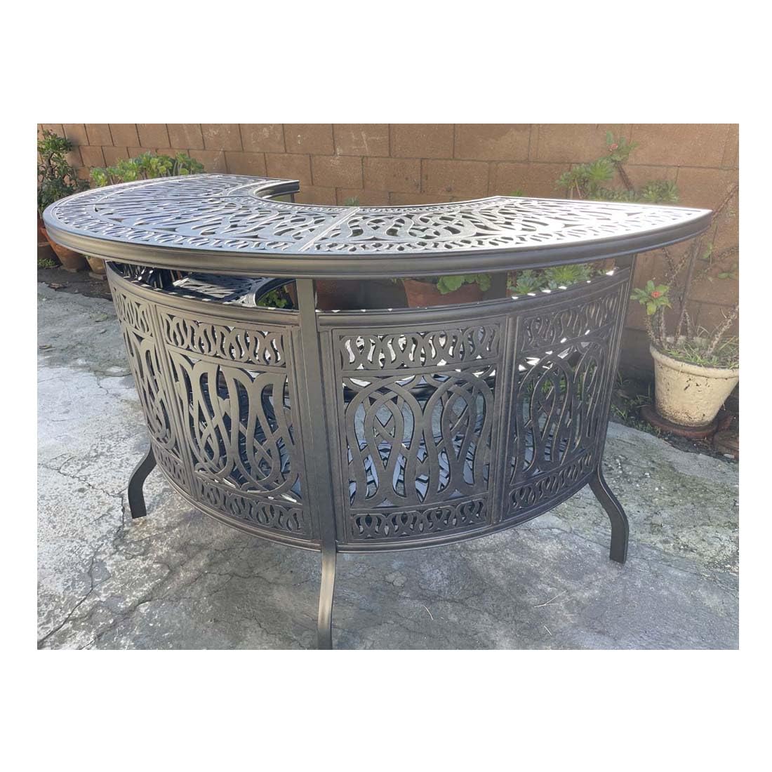 Cast Aluminum Outdoor Curved bar Table with Storage Patio Furniture Desert Bronze.