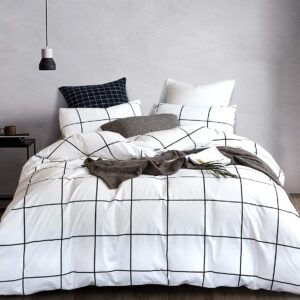 KAREVER White Grid Duvet Cover Set Queen White Checkered Bedding Set White and Black Plaid Queen 3 PCS Women White Checkered Duvet Cover Set Queen White Grid Duvet Cover