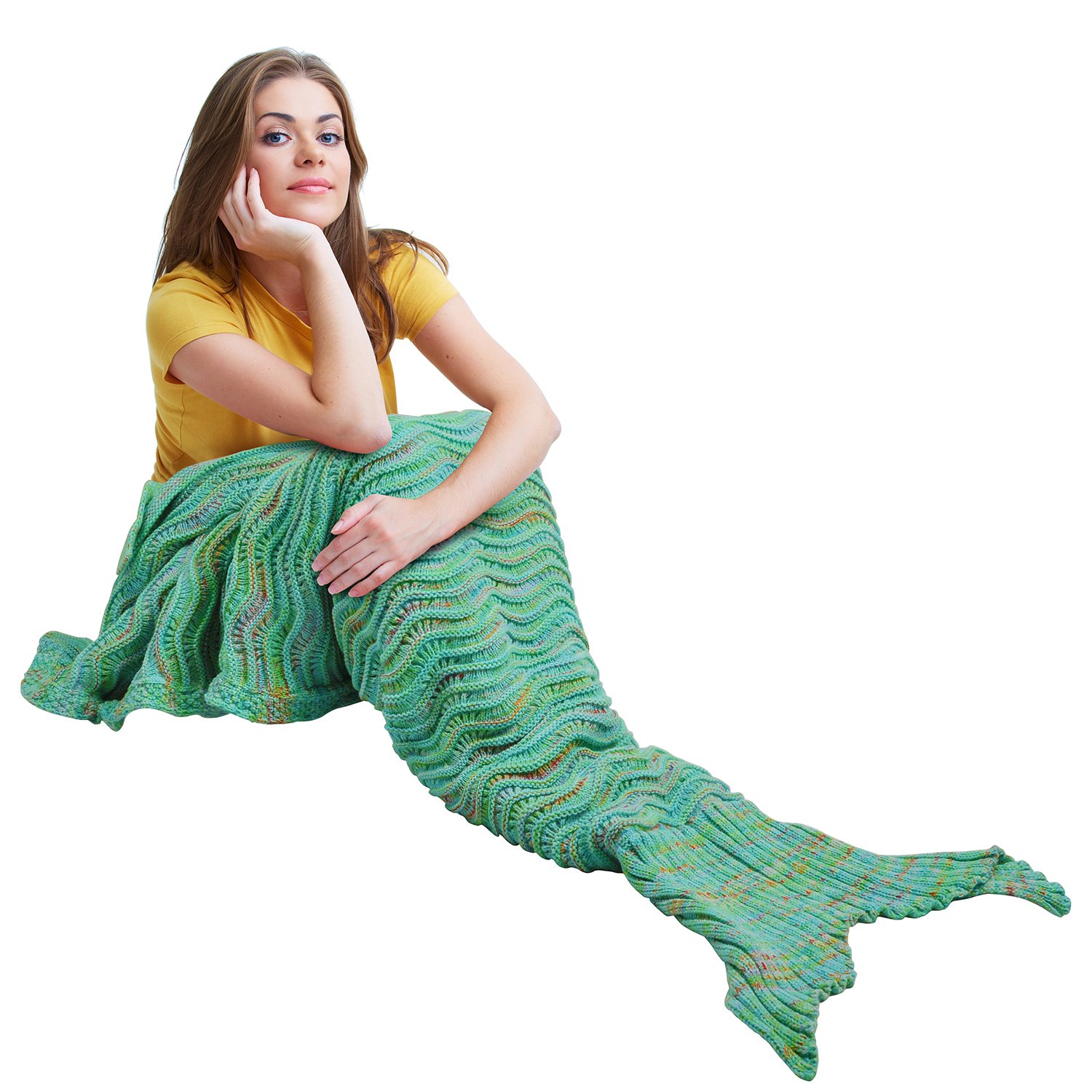 Catalonia Mermaid Tail Blanket with Anti-Slip Neck Strap, Soft Silky Hand Knitted Mermaid Sleeping Blanket for Girls Women Adults Teens All Seasons Sleeping Bag Green 66.5" x 22.5"