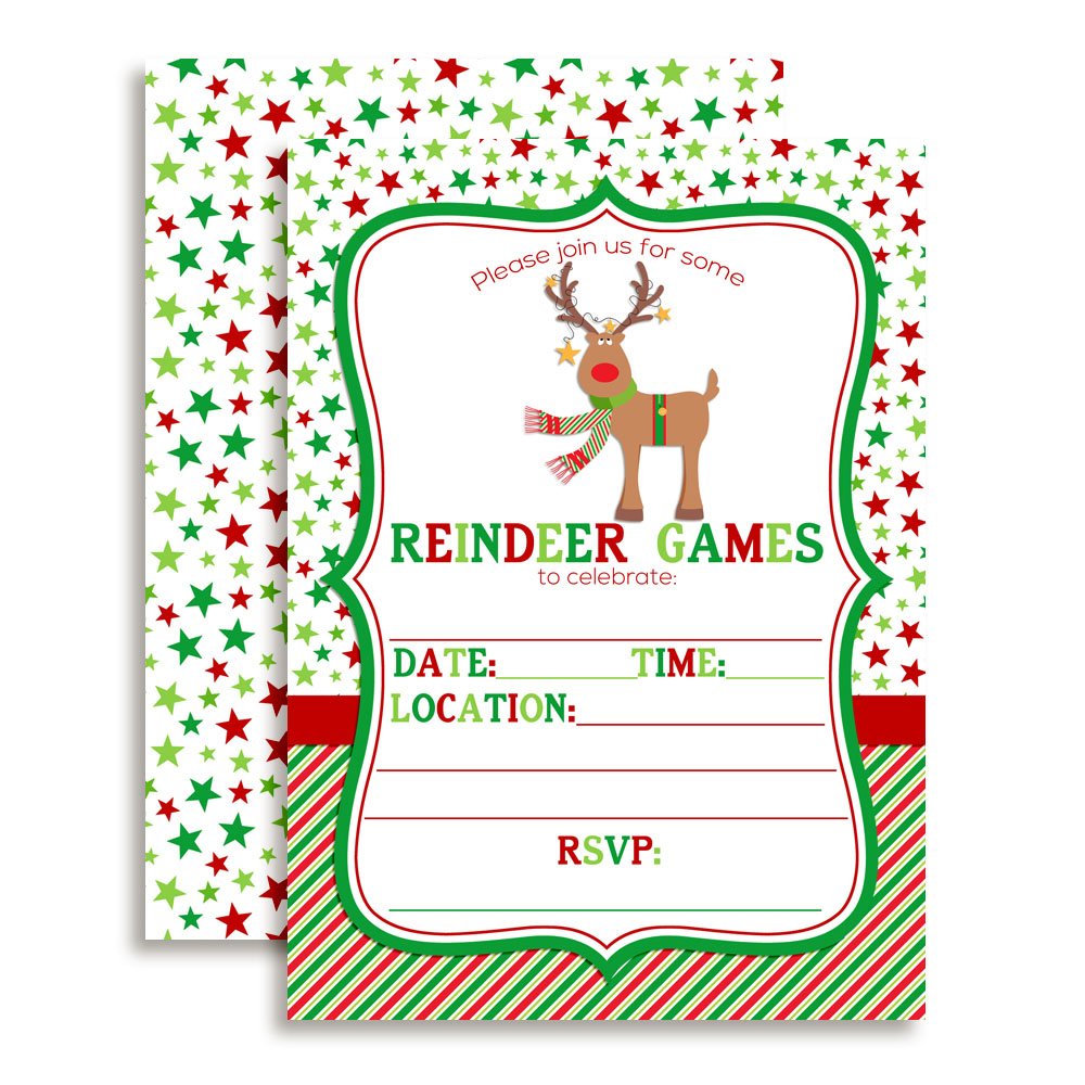 Reindeer Games Holiday Birthday Party Invitations, 20 5x7 Fill In Cards with Twenty White Envelopes by AmandaCreation