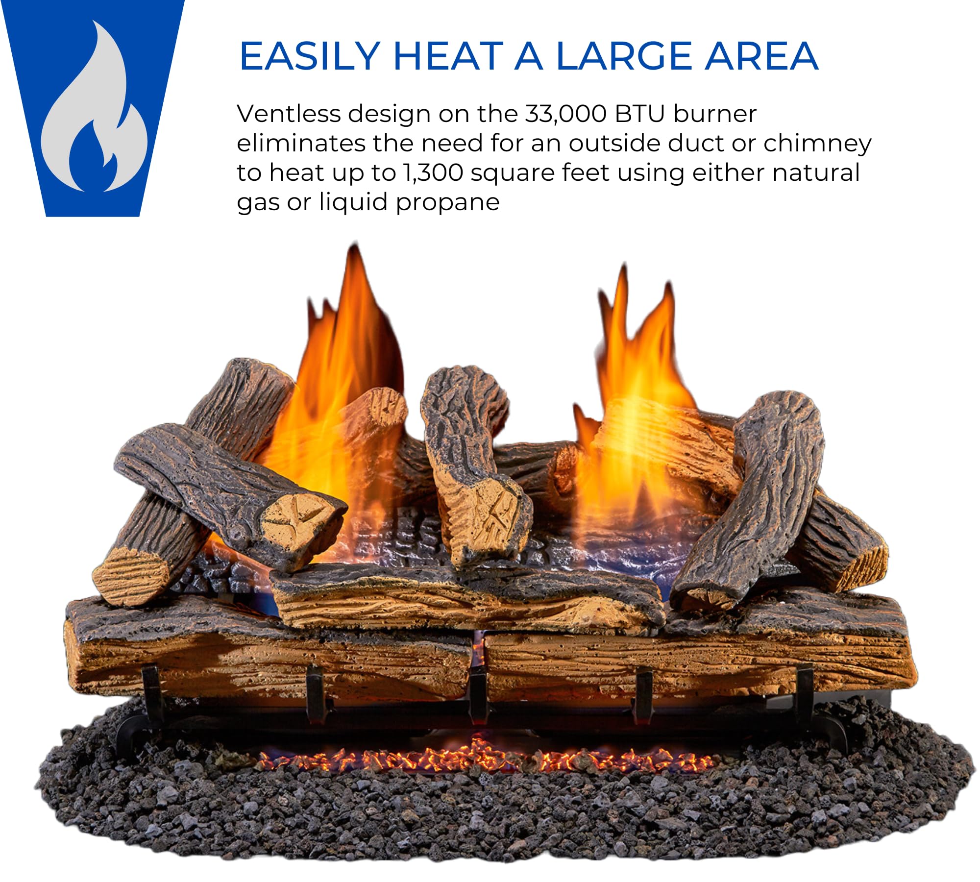 Duluth Forge DLS-24T-1 Dual Fuel Ventless Fireplace Logs Set with Thermostat, Use with Natural Gas or Liquid Propane, 33000 BTU, Heats up to 1100 Sq. Ft, Split Red Oak, 24 Inches