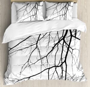 ambesonne black and white duvet cover set, macro leafless winter tree branches idyllic twigs of oak nature print, decorative 3 piece bedding set with 2 pillow shams, king size, black and white