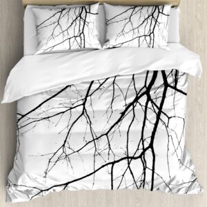 Ambesonne Black and White Duvet Cover Set, Macro Leafless Winter Tree Branches Idyllic Twigs of Oak Nature Print, Decorative 3 Piece Bedding Set with 2 Pillow Shams, King Size, Black and White