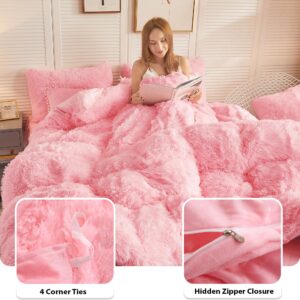 LIFEREVO Luxury Plush Shaggy Duvet Cover Set, Soft Velvet Fluffy Furry Duvet Cover Set(1 Faux Fur Fuzzy Comforter Cover + 2 Pom Poms Pillowcases) Solid Bedding Set, Zipper Closure(Full/Queen, Pink)