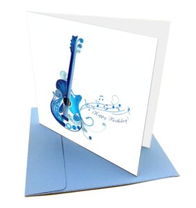 blue guitar with "happy birthday" quilling greeting card, 6x6" with envelope. blank inside. hand-made. suitable for framing.