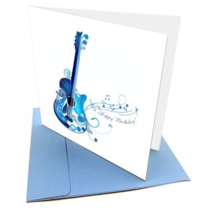 Blue Guitar with "Happy Birthday" Quilling Greeting Card, 6x6" with Envelope. Blank Inside. Hand-made. Suitable for Framing.