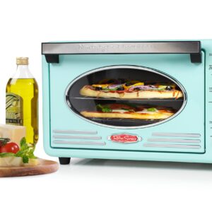 Nostalgia Oven, Toast, AirFry, Broil Functions Large Capacity Fits Slices of Bread Two 12 in. Pizzas-Includes Baking Pan and Frying Basket, 21 Qt, Aqua