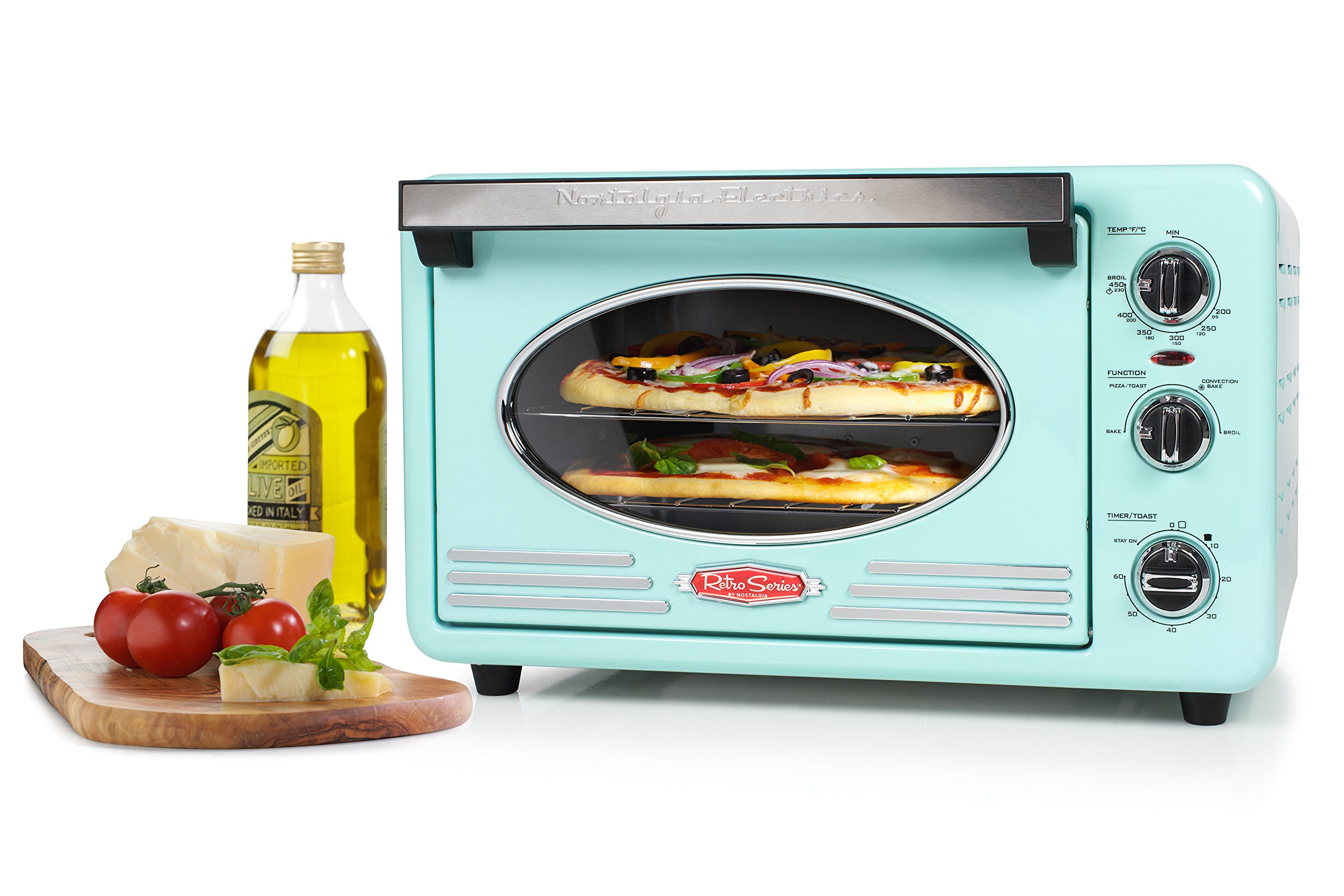 Nostalgia Oven, Toast, AirFry, Broil Functions Large Capacity Fits Slices of Bread Two 12 in. Pizzas-Includes Baking Pan and Frying Basket, 21 Qt, Aqua