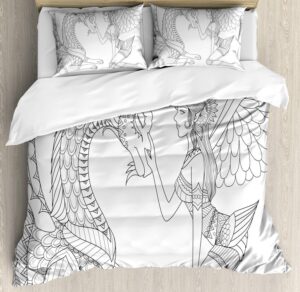 ambesonne fantasy duvet cover set, drawing of a caressing a dragon ornamental details flowers wings art, decorative 3 piece bedding set with 2 pillow shams, queen size, white and black