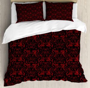 ambesonne victorian duvet cover set, vintage curlicue forms swirls of nostalgic royal design image print, decorative 3 piece bedding set with 2 pillow shams, queen size, charcoal ruby