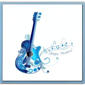 Blue Guitar with "Happy Birthday" Quilling Greeting Card, 6x6" with Envelope. Blank Inside. Hand-made. Suitable for Framing.