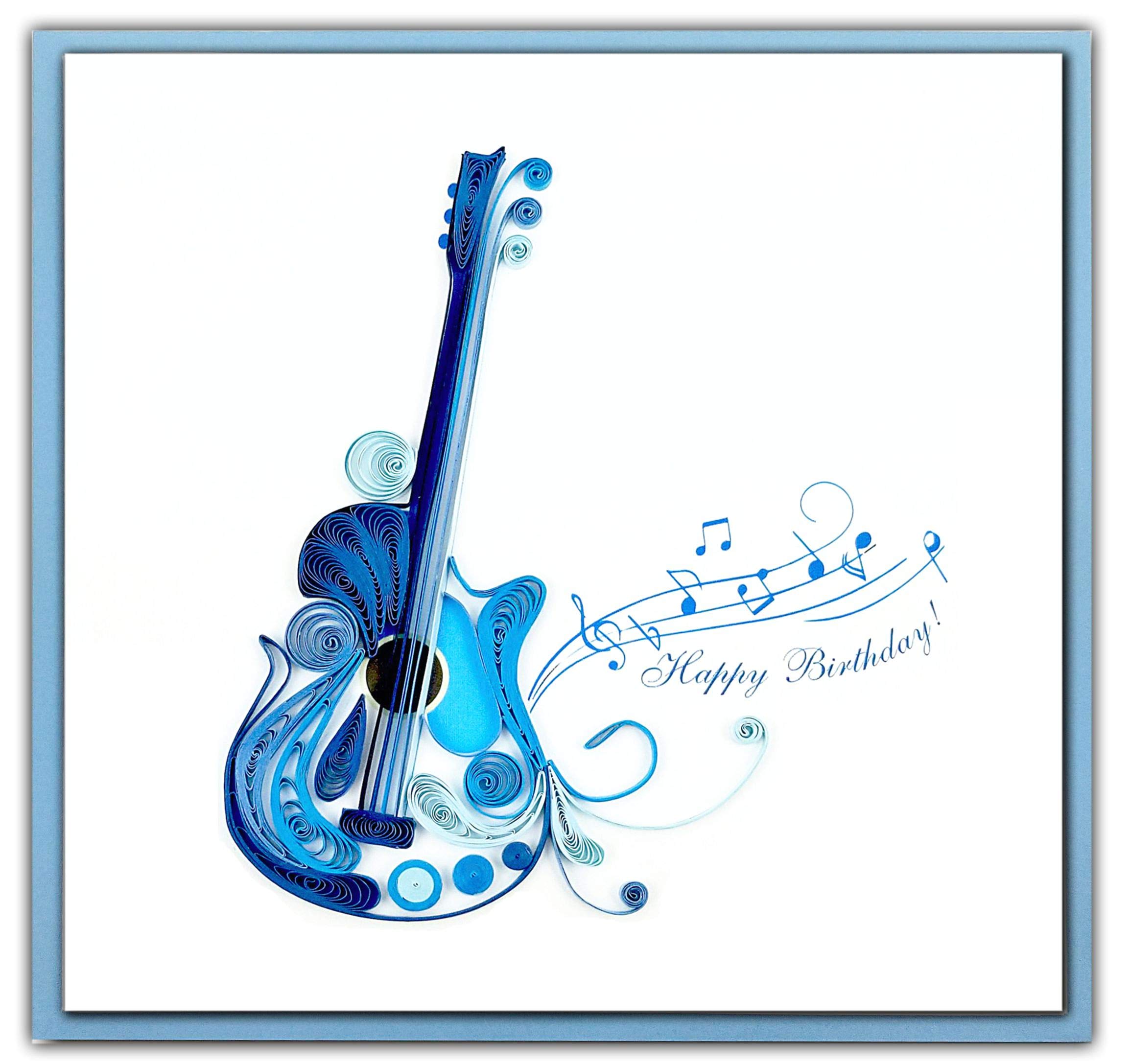 Blue Guitar with "Happy Birthday" Quilling Greeting Card, 6x6" with Envelope. Blank Inside. Hand-made. Suitable for Framing.