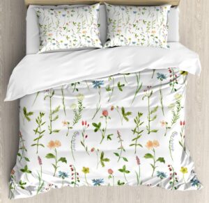 ambesonne floral duvet cover set, spring season themed watercolors painting of herbs flowers botanical garden artwork, decorative 3 piece bedding set with 2 pillow shams, queen size, ivory