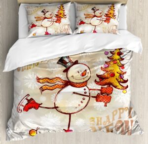 ambesonne christmas duvet cover set, skating happy snowman xmas tree cheerful hand drawn ornate snowflakes, decorative 3 piece bedding set with 2 pillow shams, queen size, beige white