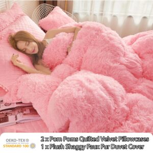 LIFEREVO Luxury Plush Shaggy Duvet Cover Set, Soft Velvet Fluffy Furry Duvet Cover Set(1 Faux Fur Fuzzy Comforter Cover + 2 Pom Poms Pillowcases) Solid Bedding Set, Zipper Closure(Full/Queen, Pink)