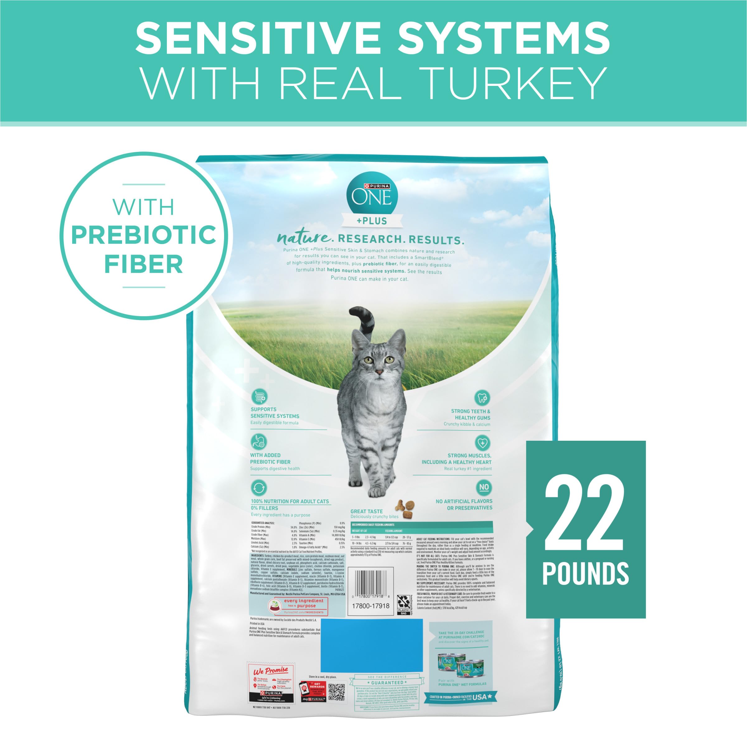 Purina ONE Sensitive Stomach, Sensitive Skin, Natural Dry Cat Food, +Plus Sensitive Skin and Stomach Formula - 22 lb. Bag