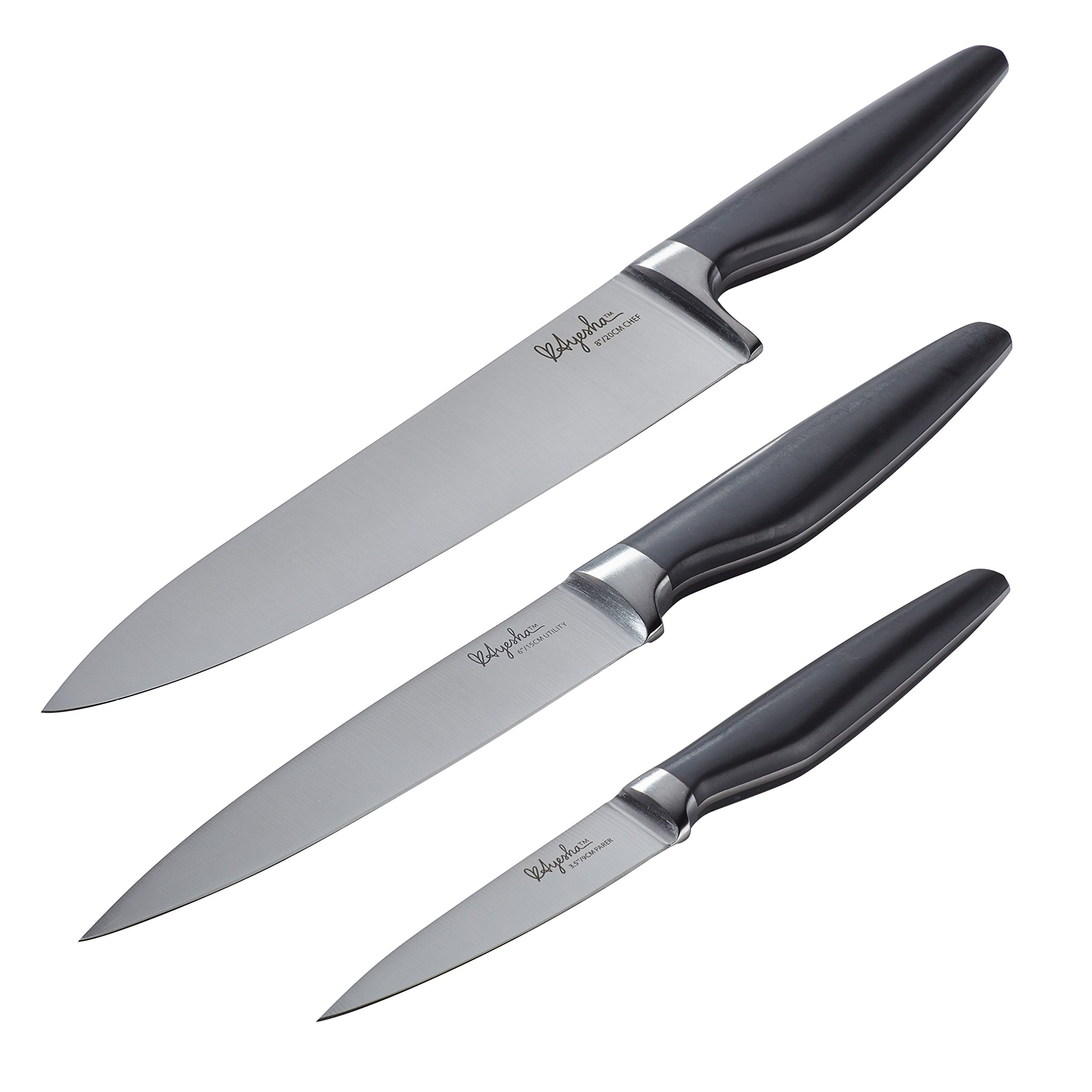 Ayesha Curry Cutlery Japanese Stainless Steel Knife Cooking Knives Set with Sheaths, 8 Inch Chef Knife, 6 Inch Utility Knife, 3.5 Inch Paring Knife, Charcoal Gray