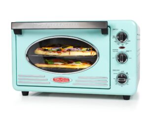 nostalgia oven, toast, airfry, broil functions large capacity fits slices of bread two 12 in. pizzas-includes baking pan and frying basket, 21 qt, aqua