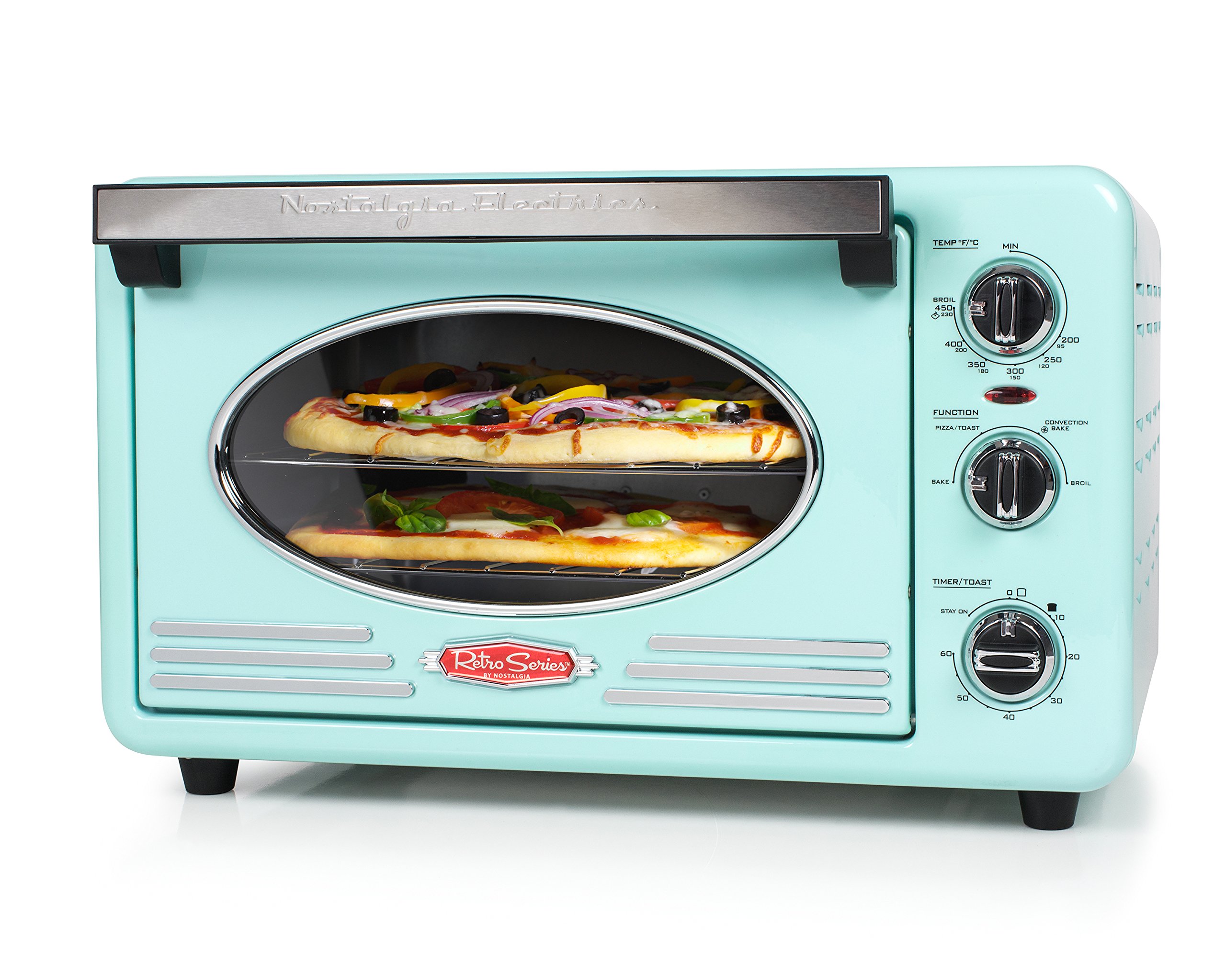 Nostalgia Oven, Toast, AirFry, Broil Functions Large Capacity Fits Slices of Bread Two 12 in. Pizzas-Includes Baking Pan and Frying Basket, 21 Qt, Aqua