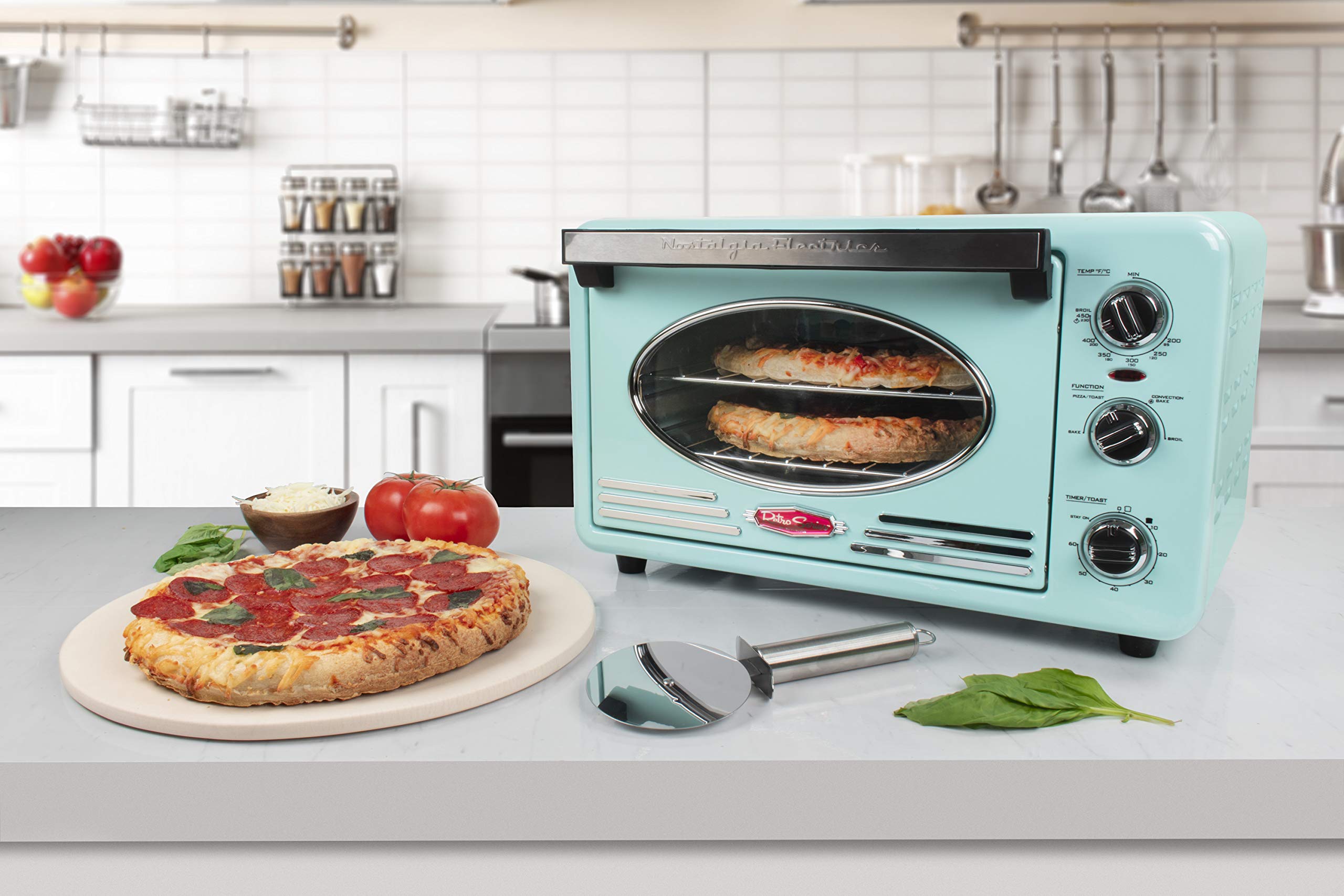 Nostalgia Oven, Toast, AirFry, Broil Functions Large Capacity Fits Slices of Bread Two 12 in. Pizzas-Includes Baking Pan and Frying Basket, 21 Qt, Aqua