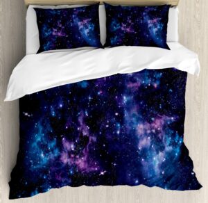 ambesonne space duvet cover set, mystical sky with star clusters cosmos nebula celestial scenery artwork, decorative 3 piece bedding set with 2 pillow shams, king size, blue