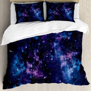 Ambesonne Space Duvet Cover Set, Mystical Sky with Star Clusters Cosmos Nebula Celestial Scenery Artwork, Decorative 3 Piece Bedding Set with 2 Pillow Shams, King Size, Blue