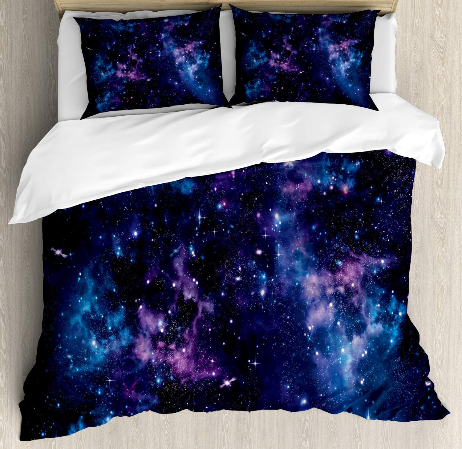 Ambesonne Space Duvet Cover Set, Mystical Sky with Star Clusters Cosmos Nebula Celestial Scenery Artwork, Decorative 3 Piece Bedding Set with 2 Pillow Shams, King Size, Blue