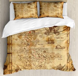 ambesonne island map duvet cover set, super detailed treasure map grungy rustic pirates gold secret sea history theme, decorative 3 piece bedding set with 2 pillow shams, queen size, beige brown