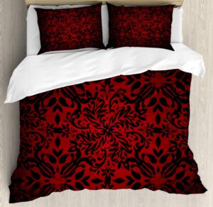 ambesonne oriental duvet cover set, mandala inspired curly flowers and leaves details frame illustration, decorative 3 piece bedding set with 2 pillow shams, king size, vermilion and black