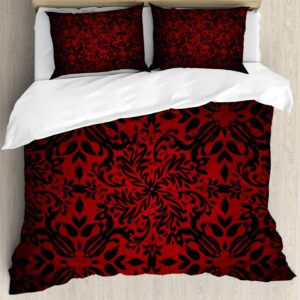 Ambesonne Oriental Duvet Cover Set, Mandala Inspired Curly Flowers and Leaves Details Frame Illustration, Decorative 3 Piece Bedding Set with 2 Pillow Shams, King Size, Vermilion and Black