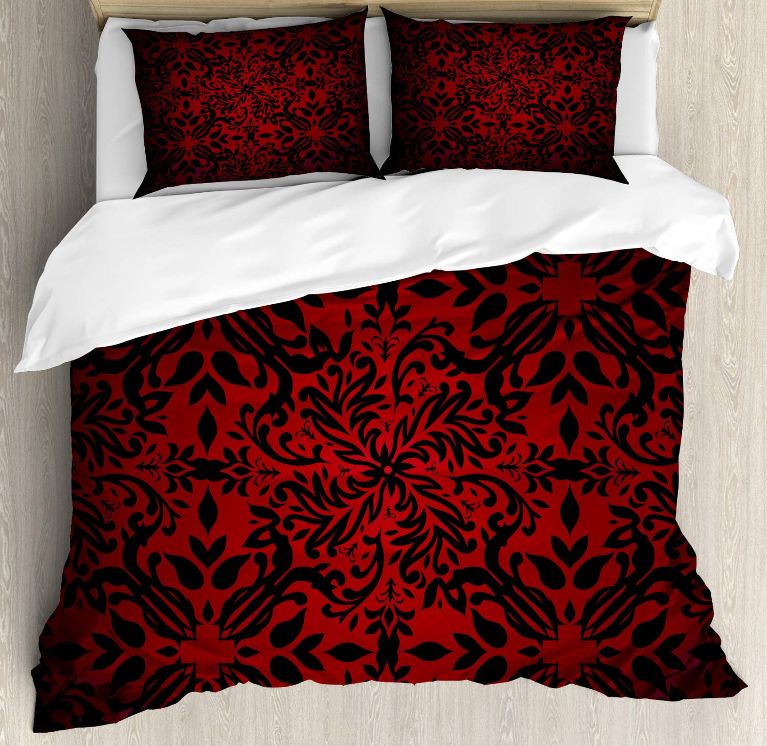 Ambesonne Oriental Duvet Cover Set, Mandala Inspired Curly Flowers and Leaves Details Frame Illustration, Decorative 3 Piece Bedding Set with 2 Pillow Shams, King Size, Vermilion and Black