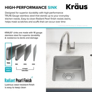 KRAUS Dex 17-Inch Undermount Single Bowl TRU16 Gauge Stainless Steel Kitchen Bar Sink with DrainAssure WaterWay and VersiDrain Assembly in Radiant Pearl Finish, KD1US17B